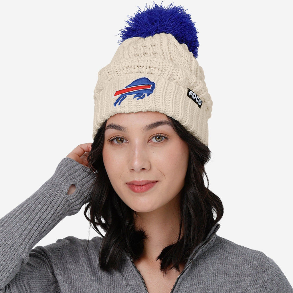 Buffalo Bills Womens Primary Logo White Cable Knit Pom Beanie FOCO